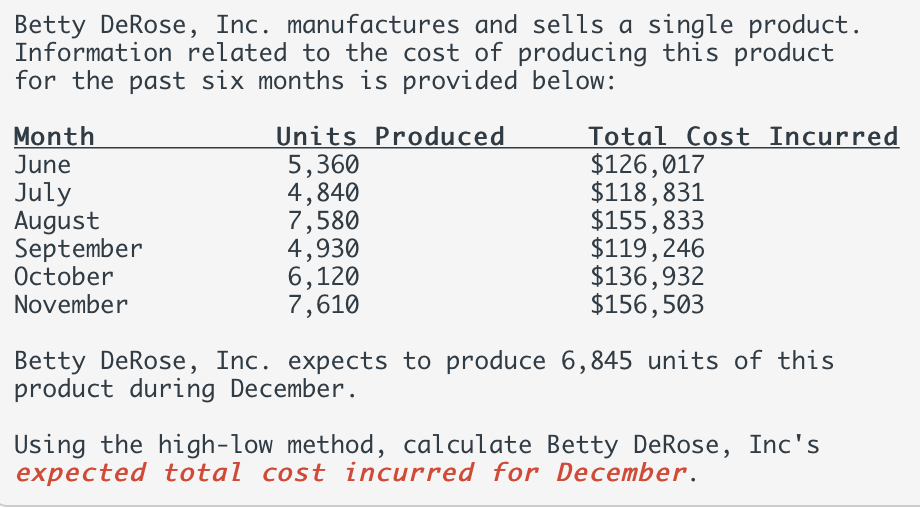 Solved Betty DeRose, Inc. manufactures and sells a single | Chegg.com