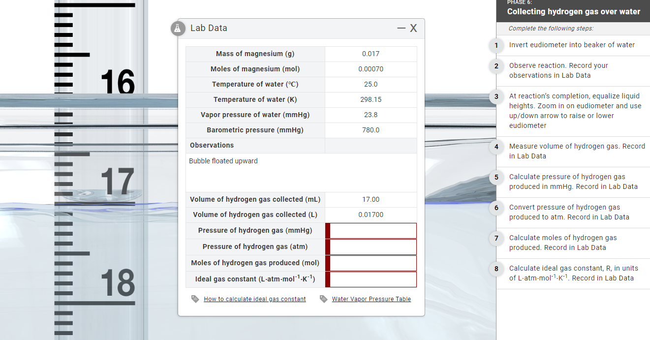 Solved Measure volume of hydrogen gas. Record in Lab Data | Chegg.com Solved Measure volume of hydrogen gas. Record in Lab Data | Chegg.com