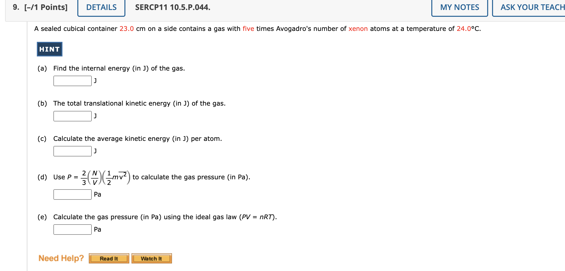 Solved A sealed cubical container 23.0 cm on a side contains | Chegg.com