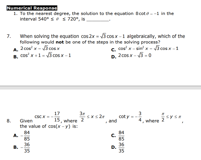 Solved Numerical Response 1. To the nearest degree, the | Chegg.com