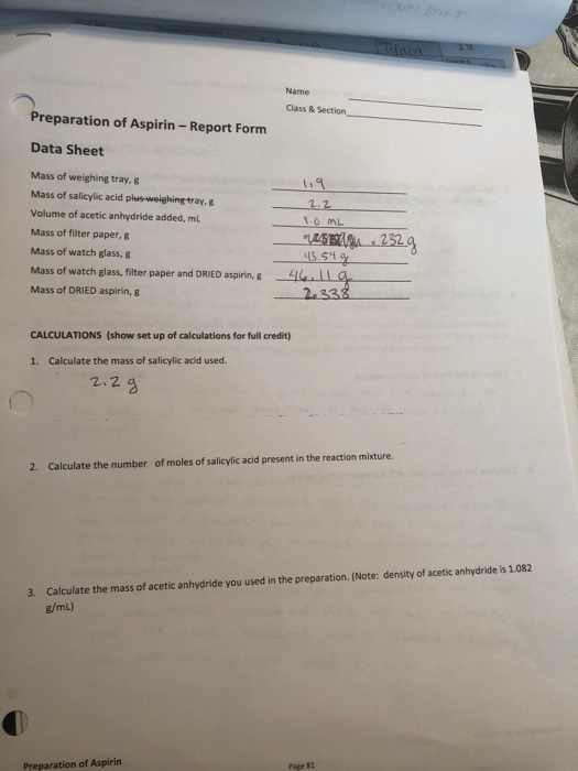 Solved Name Class & Section Preparation of Aspirin- Report | Chegg.com