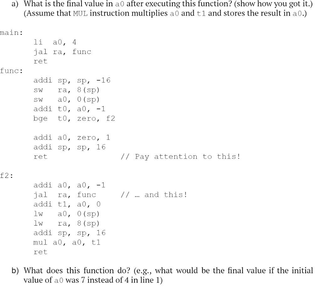 a) What is the final value in a0 after executing this | Chegg.com
