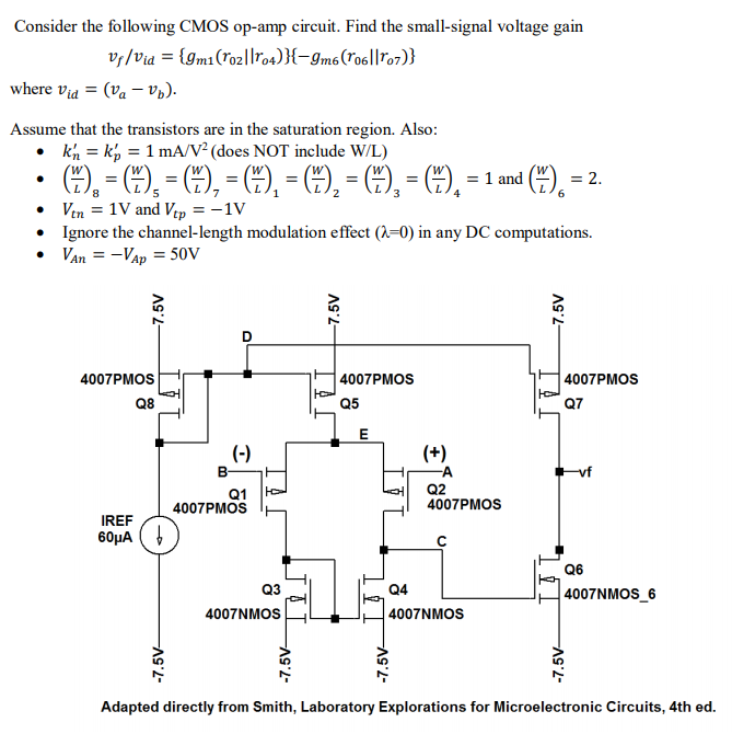 Consider the following CMOS op-amp circuit. Find the | Chegg.com