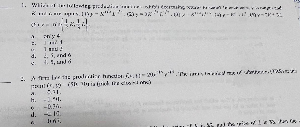 Solved 1. Which of the following production functions | Chegg.com