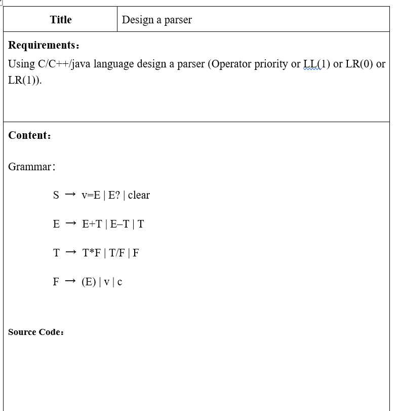 Solved Title Design a parser Requirements: Using C/C++/java | Chegg.com
