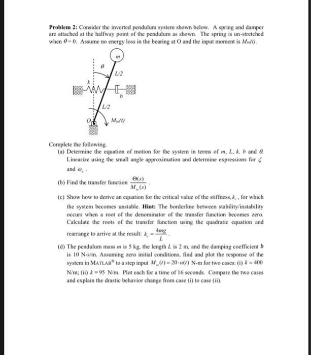 Solved Problem 2: Consider the inverted pendulum system | Chegg.com
