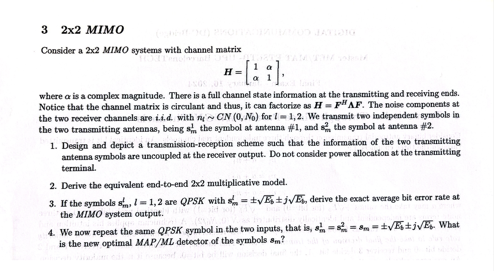 Solved 32×2 ﻿MIMOConsider a 2×2 ﻿MIMO systems with channel | Chegg.com