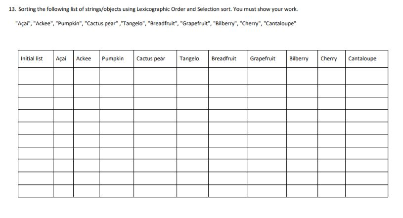 Solved 13. Sorting the following list of strings/objects | Chegg.com