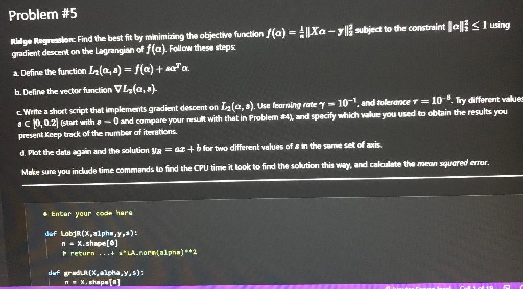 Problem #5 Ridge Regression: Find the best fit by | Chegg.com