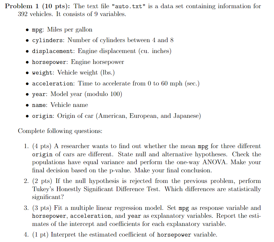 Solved Problem 1 (10 pts): The text file "auto.txt" is a | Chegg.com