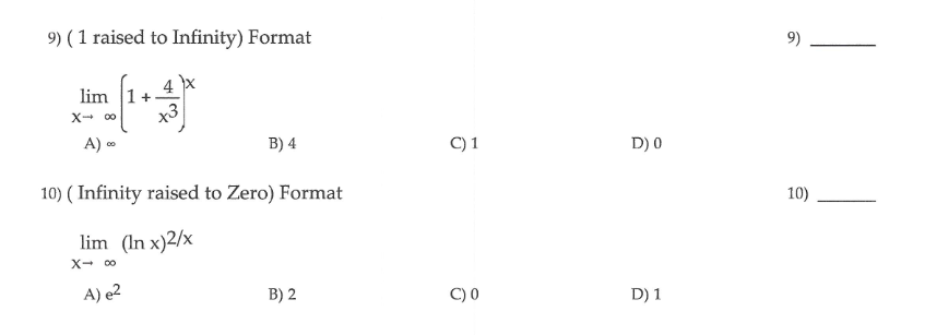 Solved 9) ( 1 raised to Infinity) Format limx→∞(1+x34)x A) ∞ | Chegg.com