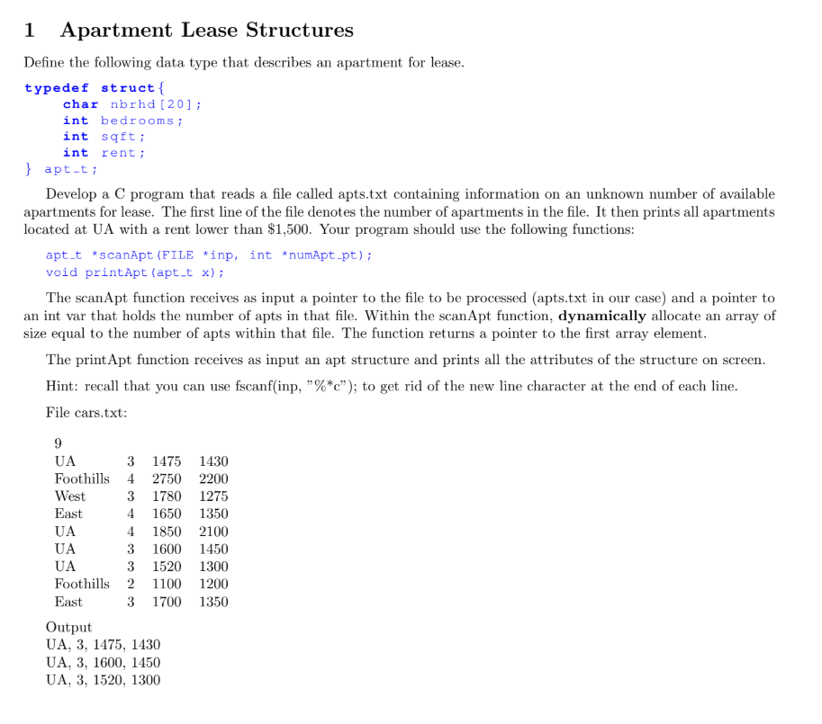 Solved Develop a C program that reads a file called apts.txt | Chegg.com