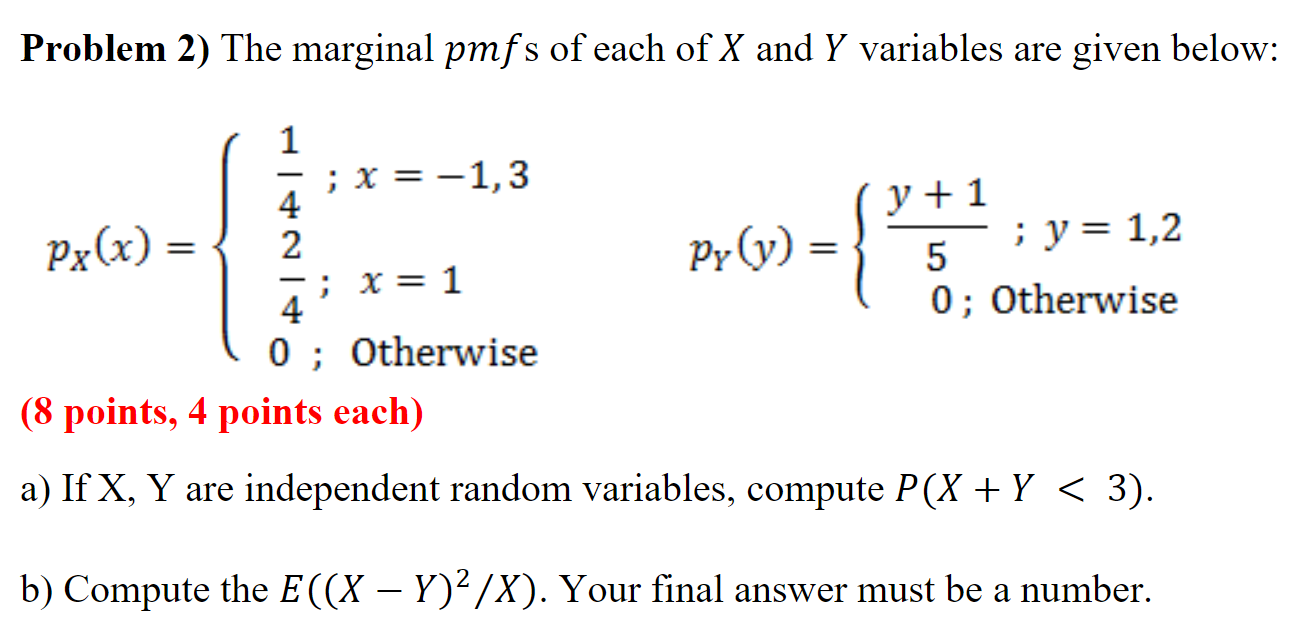 Solved Problem 2) The marginal pmfs of each of X and Y | Chegg.com