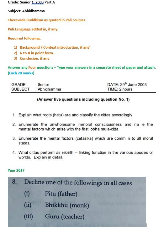 Solved Subject: Theravada BuddhismYMBA Senior 1 2003 Pt A | Chegg.com