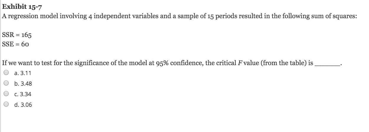 Solved Exhibit 15-7 A regression model involving 4 | Chegg.com Solved Exhibit 15-7 A regression model involving 4 | Chegg.com