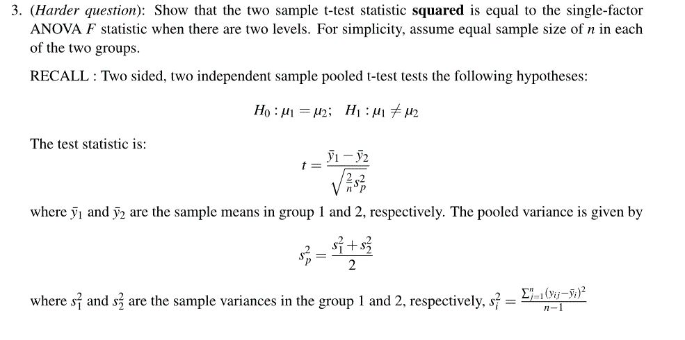Solved 3. (Harder question): Show that the two sample t-test | Chegg.com