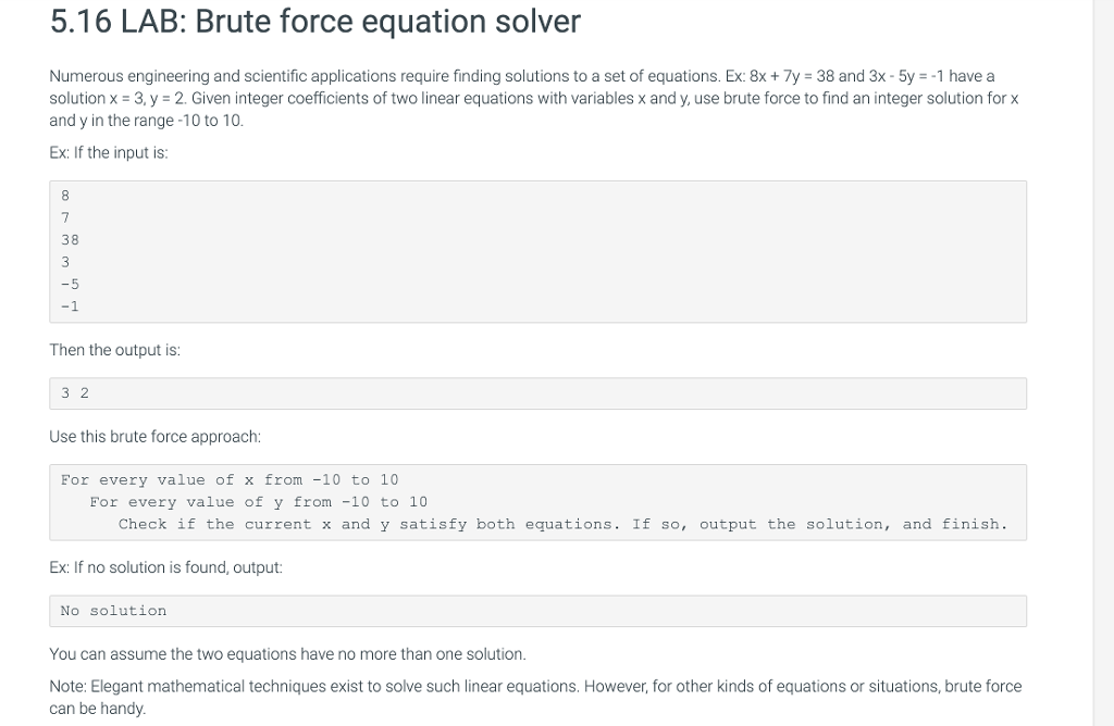 Solved: 5.16 LAB: Brute Force Equation Solver Numerous Eng... | Chegg.com Solved: 5.16 LAB: Brute Force Equation Solver Numerous Eng... | Chegg.com