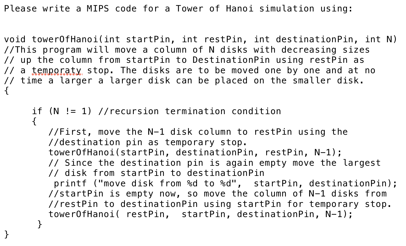 Solved Please write a MIPS code for a Tower of Hanoi | Chegg.com