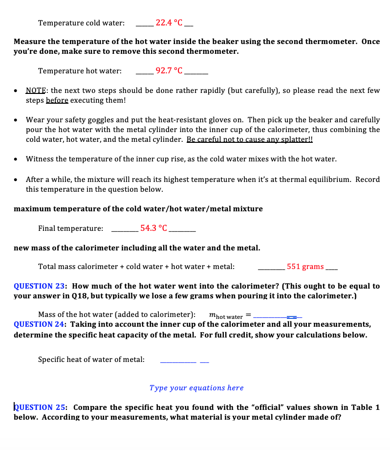Solved PART 2: Specific heat of a metal cylinder Now that we | Chegg.com