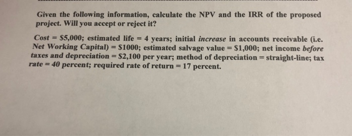 Solved Given the following information, calculate the NPV | Chegg.com
