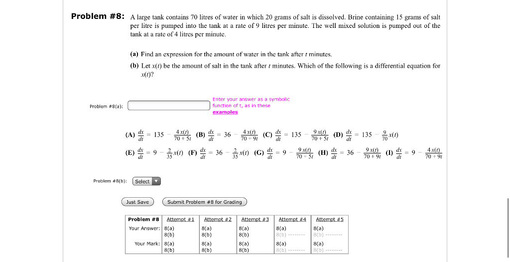Solved Problem #8: A large tank contains 70 litres of water | Chegg.com