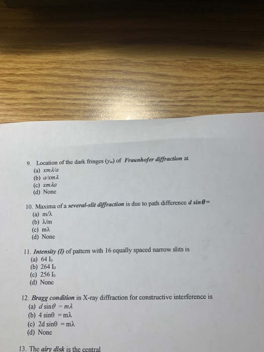Solved 9. Location of the dark fringes () of Fraunhofer | Chegg.com