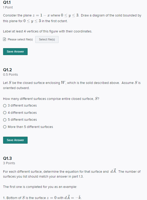 Solved 1 Point Consider the plane z=1−x where 0≤y≤3. Draw a | Chegg.com