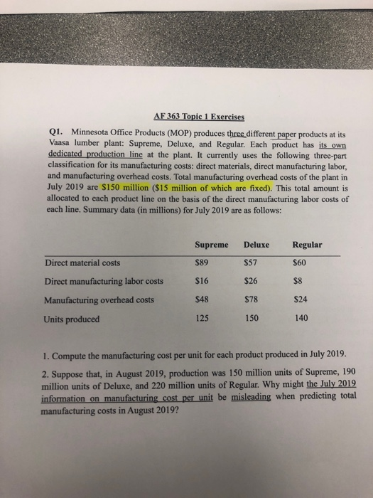 Solved AF 363 Topic 1 Exercises Q1. Minnesota Office | Chegg.com