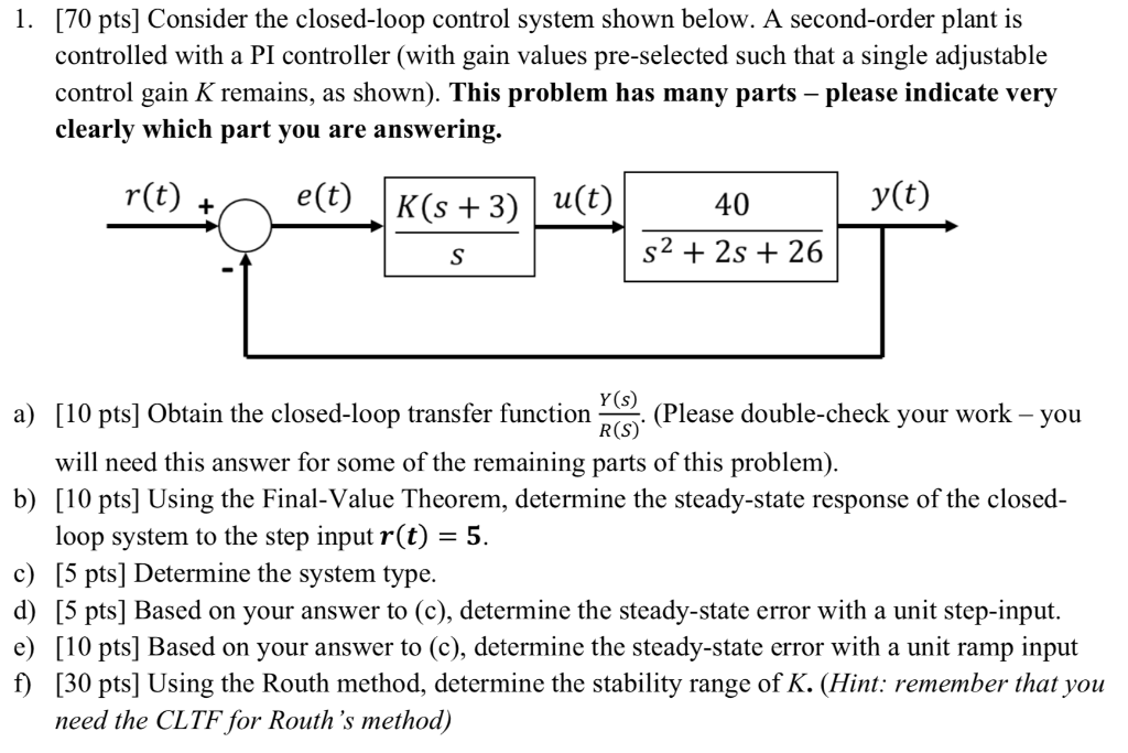 Solved 1. [70 pts] Consider the closed-loop control system | Chegg.com