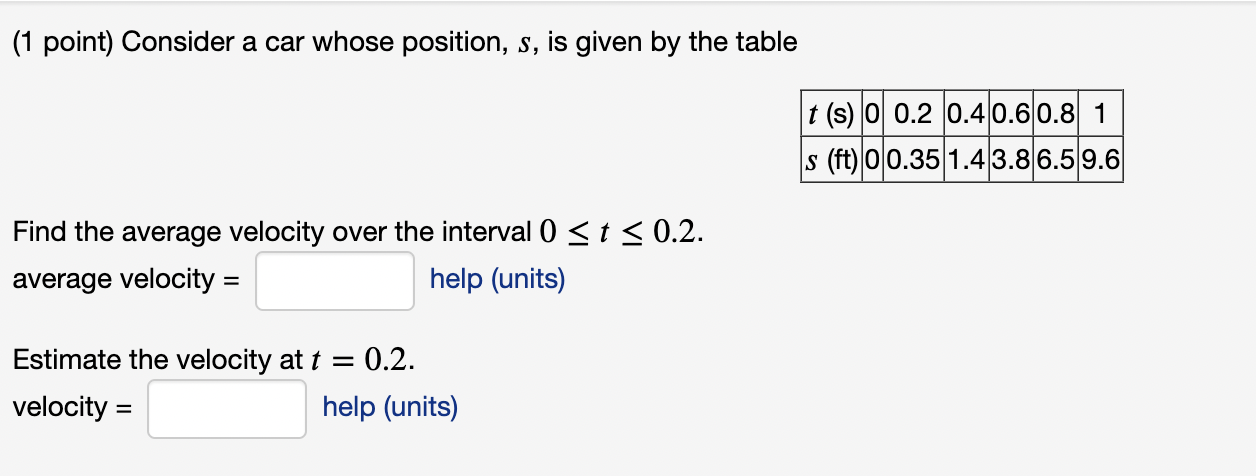 Solved (1 point) Consider a car whose position, s, is given | Chegg.com