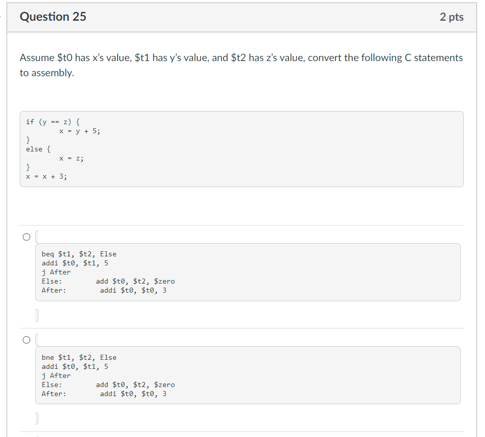 Solved Question 25 2 pts Assume $t0 has x's value, $t1 has | Chegg.com