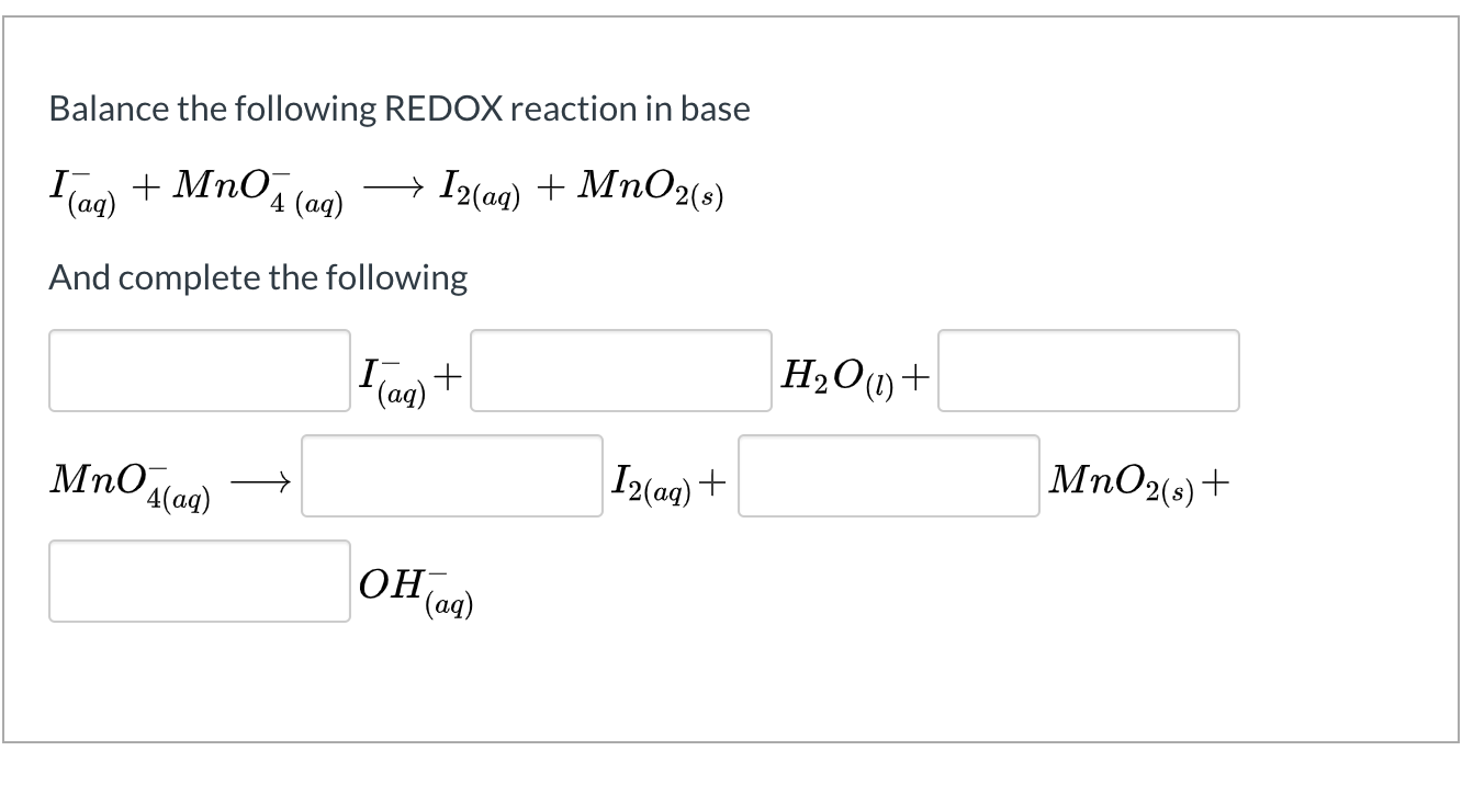 Solved Balance the following REDOX reaction in base Tag) + | Chegg.com
