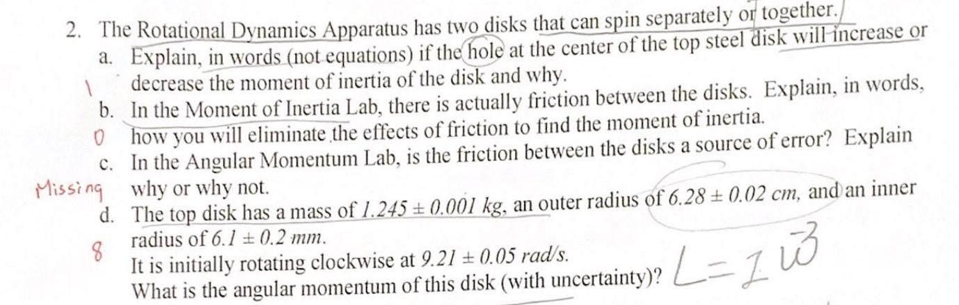 Solved 2. The Rotational Dynamics Apparatus has two disks | Chegg.com