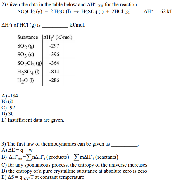 Solved 2) Given the data in the table below and AH°rxn for | Chegg.com