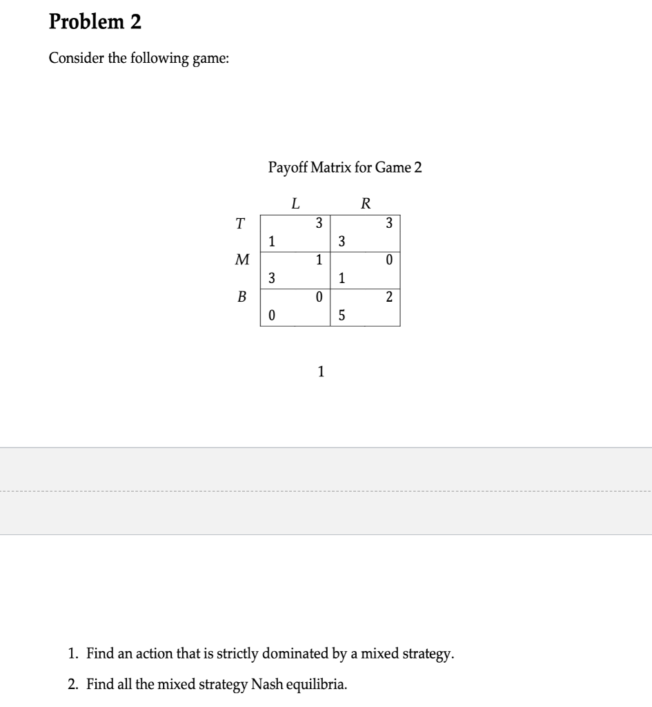 Solved Consider the following game: Payoff Matrix for Game 2 | Chegg.com