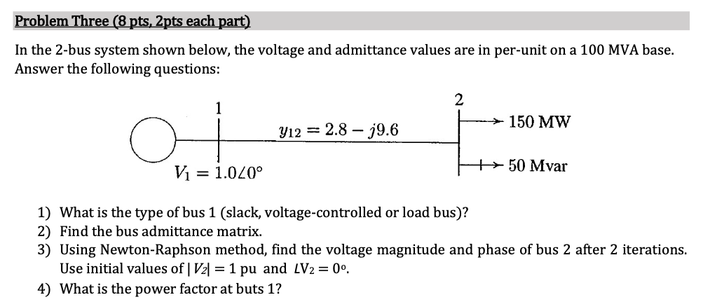 Solved Problem Three (8 pts, 2pts each part) In the 2-bus | Chegg.com