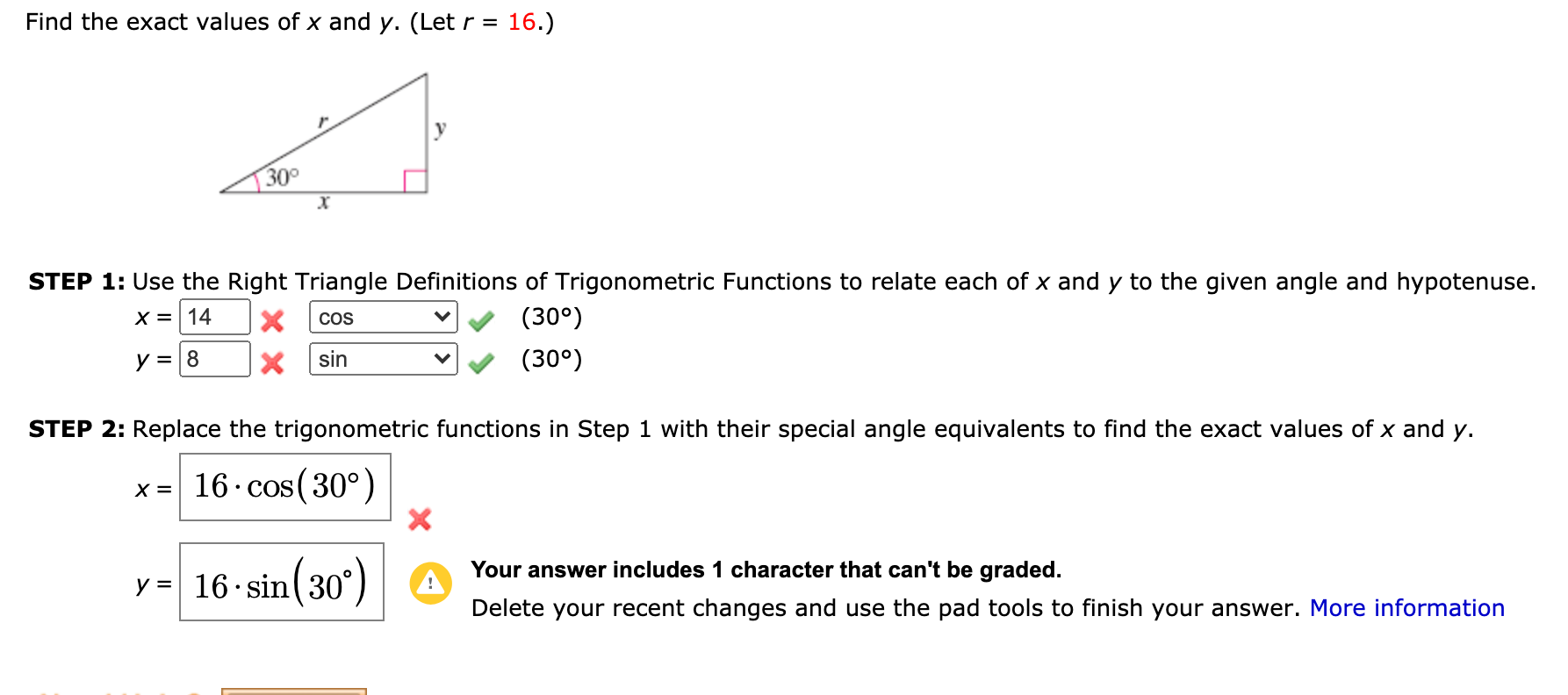 Solved Find the exact values of x and y. (Let r = 16.) 30° X | Chegg.com