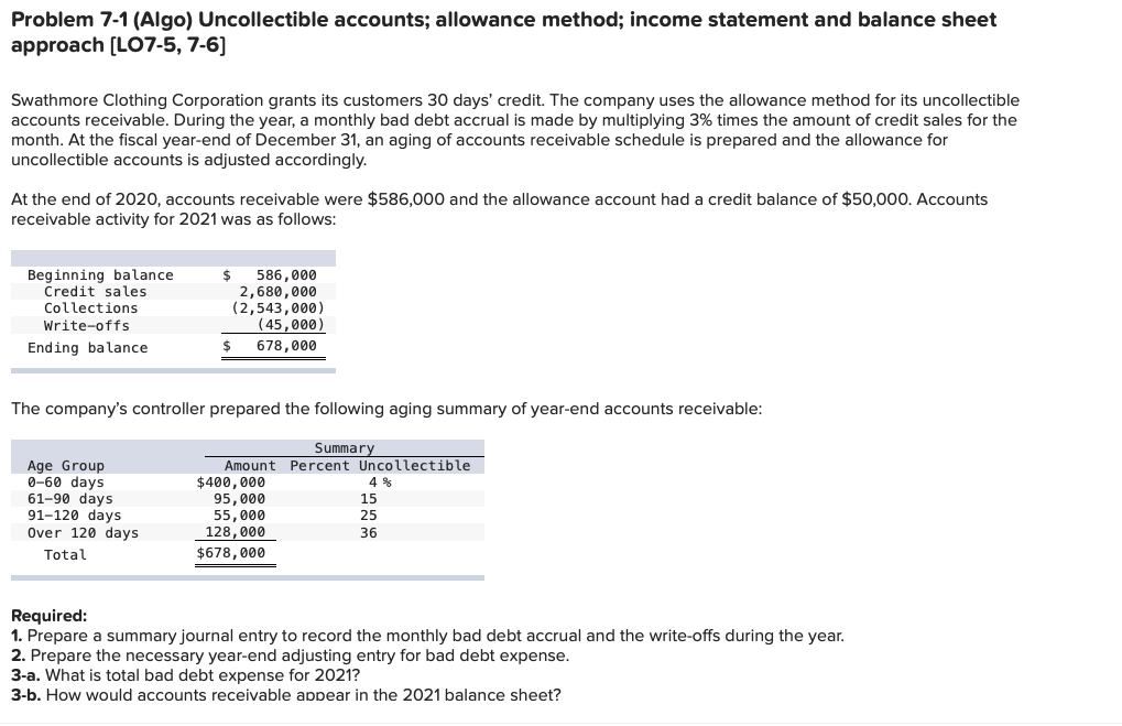Solved Problem 7-1 (Algo) Uncollectible accounts; allowance | Chegg.com