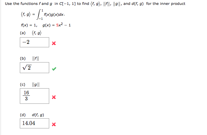 Solved Use the functions fand g in C[-1, 11 to find (f,g), l | Chegg.com