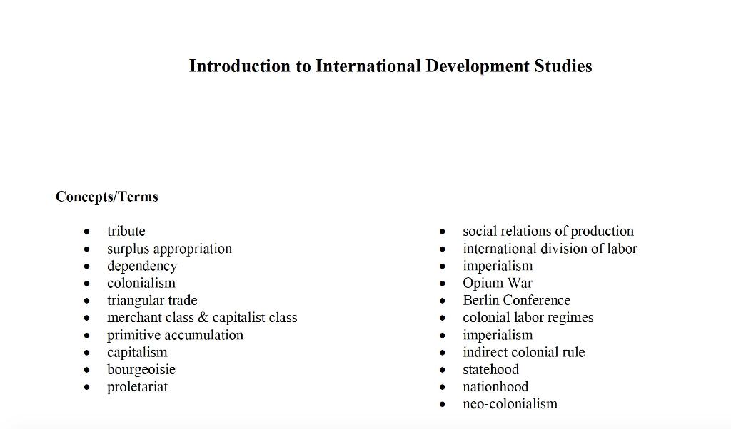 Solved Introduction to International Development Studies | Chegg.com