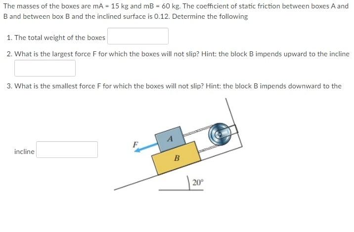 Solved The masses of the boxes are mA=15 kg and mB=60 kg. | Chegg.com