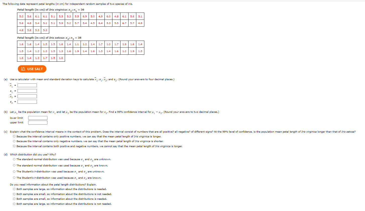 Solved The following data represent petal lengths (in cm) | Chegg.com