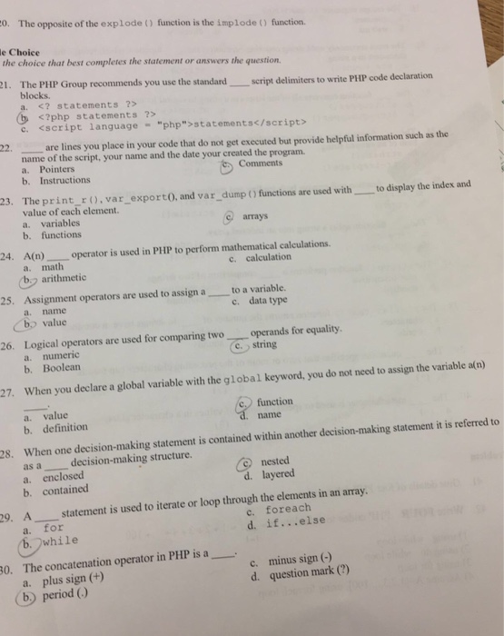 Solved The opposite of the explode () function is the | Chegg.com