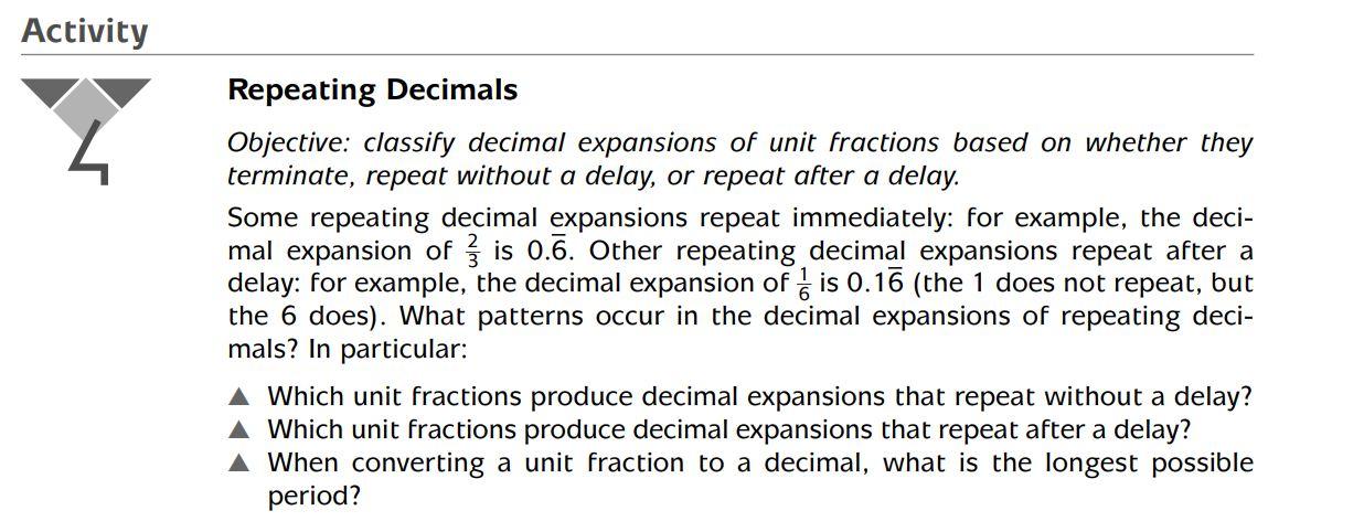 Solved Activity Repeating Decimals Objective: classify | Chegg.com