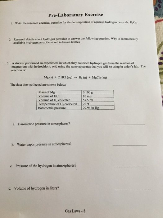Solved Pre-Laboratory Exercise . Write the balanced chemical | Chegg.com