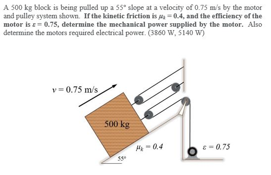Solved A 500 kg block is being pulled up a 55o slope at a | Chegg.com
