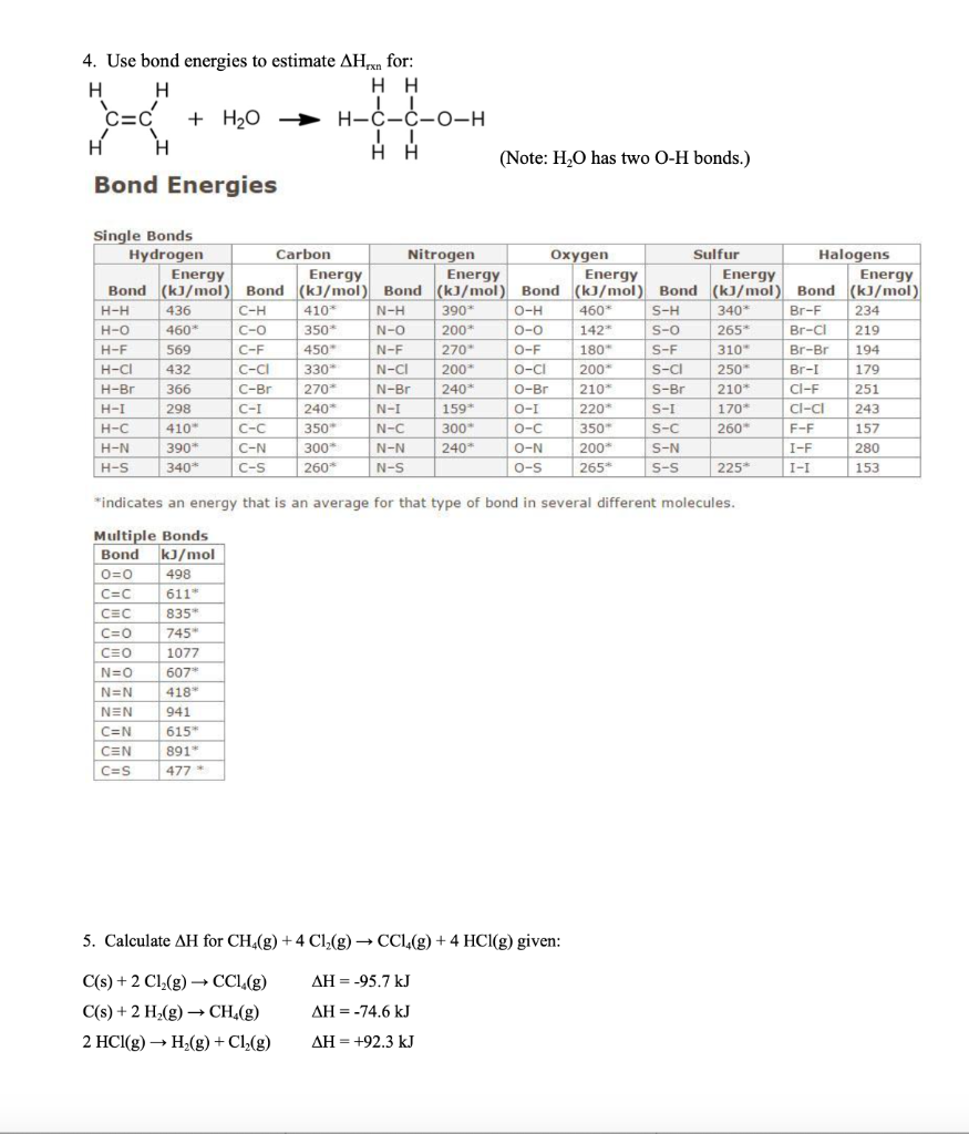 Solved 4. Use bond energies to estimate ΔHrxn for: (Note: | Chegg.com