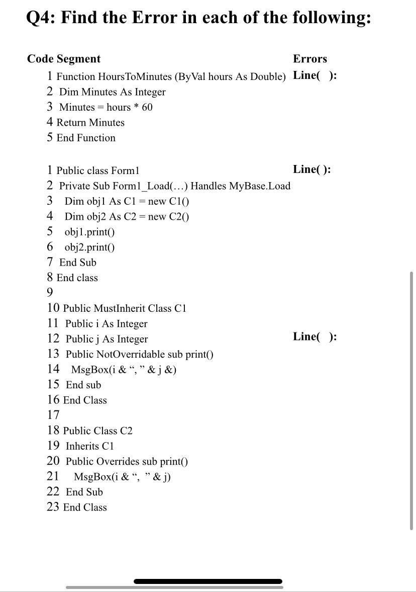 Q4: Find the Error in each of the following: | Chegg.com