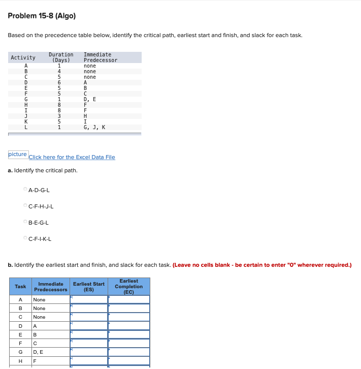 Solved Problem 15-8 (Algo) Based on the precedence table | Chegg.com