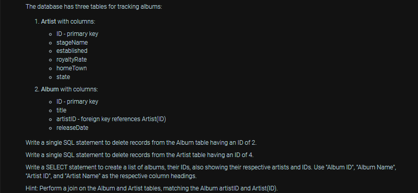 Solved 12.9 SQL LAB 9 - Select albums with artists after | Chegg.com